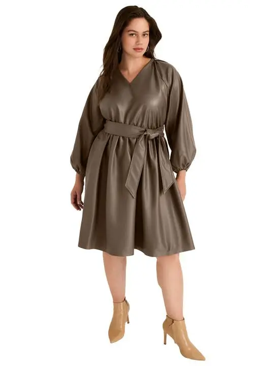 JUNE + VIE Faux Leather V-neck Mini Dress With Self-tie Belt