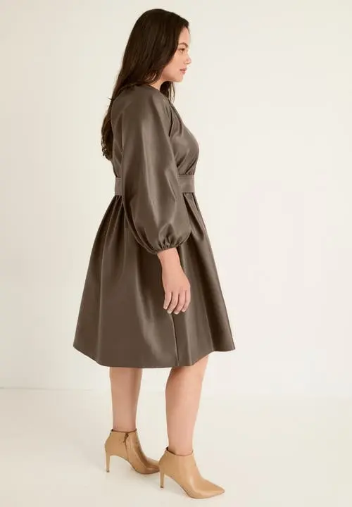JUNE + VIE Faux Leather V-neck Mini Dress With Self-tie Belt