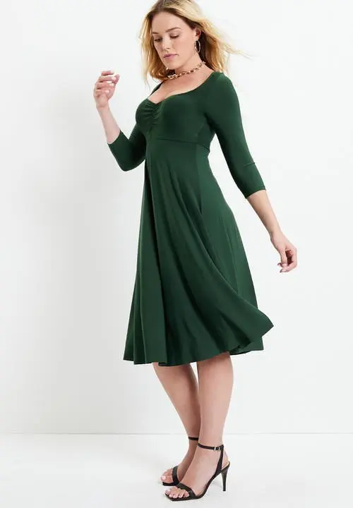 JUNE + VIE Sweetheart Neckline Ruched Empire Waist 3/4 Sleeve Dress - Black