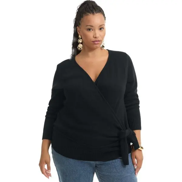 JUNE + VIE Wrap Front Cardigan With Cashmere Blend - Black