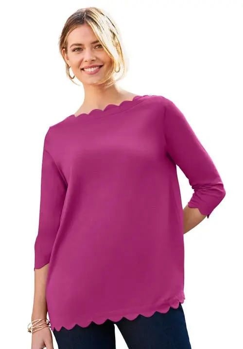 JESSICA LONDON Scalloped Boatneck Tunic With Three-quarter Sleeves - Raspberry