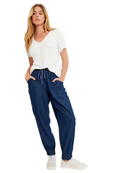 JUNE + VIE Drawstring Denim Joggers - Medium Wash