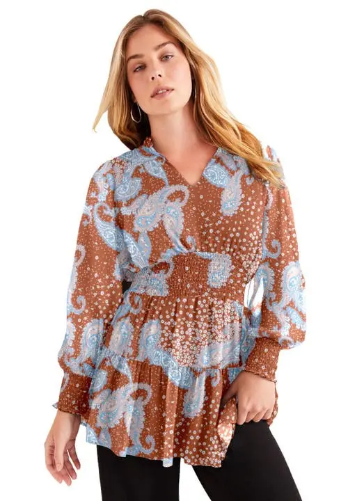JUNE + VIE Smocked Georgette Tunic - Fall Paisley Copper
