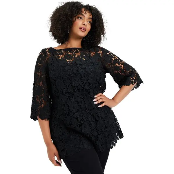 JUNE + VIE Allover Lace Boatneck Top - Black