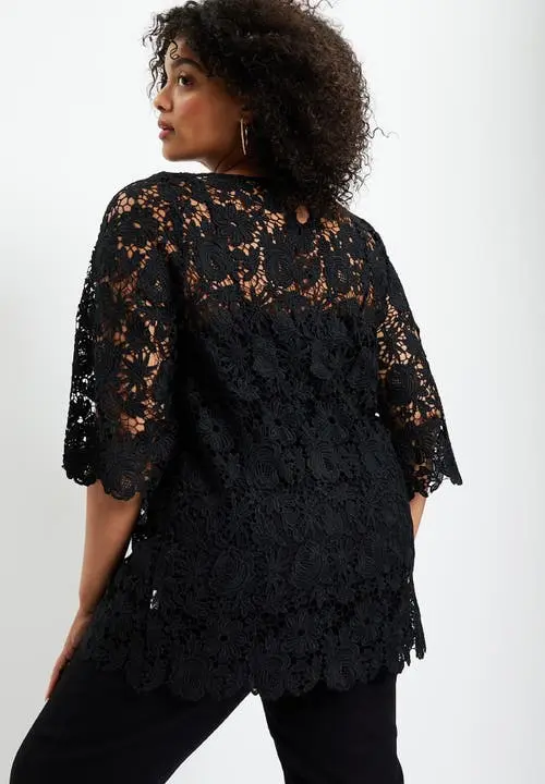 JUNE + VIE Allover Lace Boatneck Top - Black