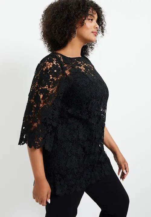 JUNE + VIE Allover Lace Boatneck Top - Black