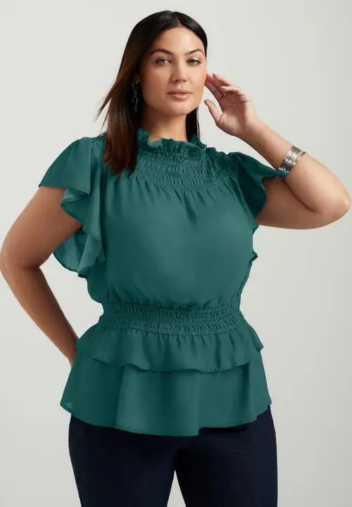 JUNE + VIE Mockneck Ruffle Blouse - Bayberry
