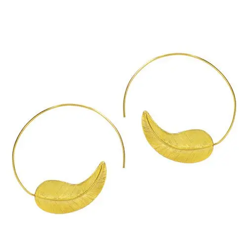 OTTOMAN HANDS Gold Feather Pull Through Hoop Earrings - Brass
