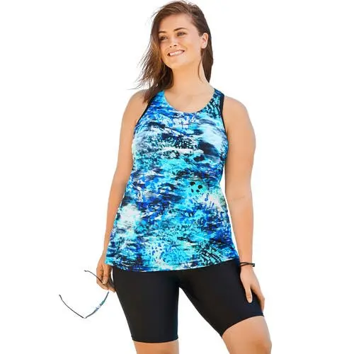 SWIM 365 Longer Length High-neck Racerback Tankini Top - Blue Abstract