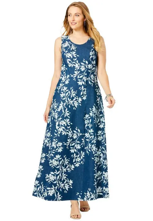 JESSICA LONDON Denim Maxi Dress - Medium Stonewash Leaf