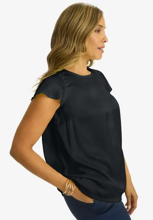 JESSICA LONDON Satin Blouse With Flutter Sleeves - Black