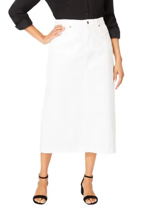 JESSICA LONDON Classic Cotton Denim Midi Skirt - White
