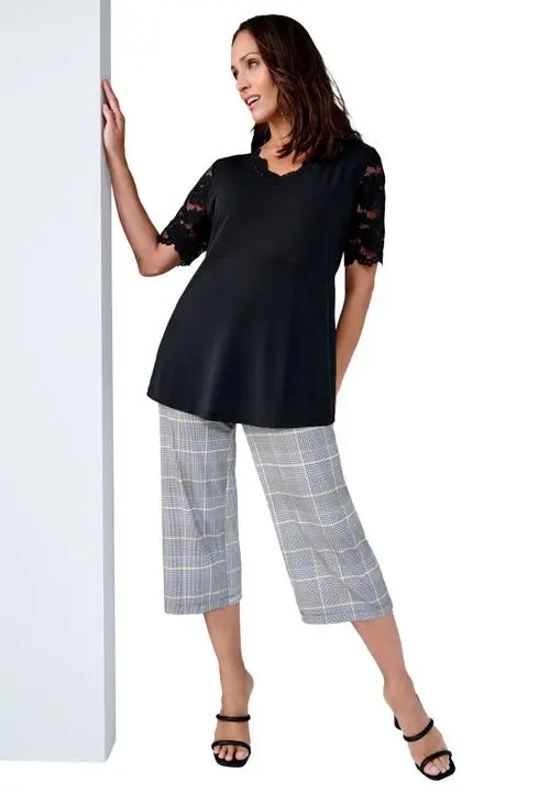 JESSICA LONDON Stretch Knit Wide Leg Pant - Black Citrus Plaid