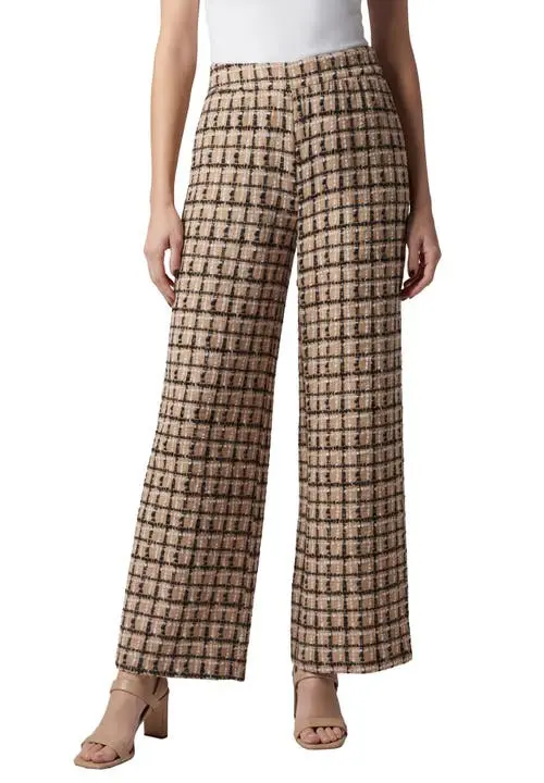 JESSICA LONDON Stretch Knit Wide Leg Pants - Soft Camel Abstract Grid