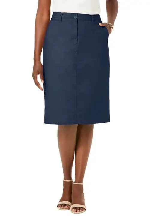 JESSICA LONDON Stretch Cotton Twill Straight Skirt - Navy