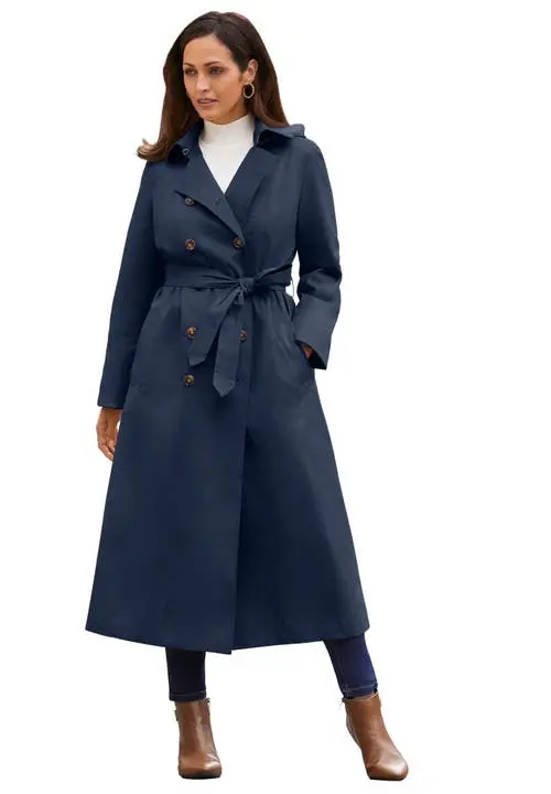 JESSICA LONDON Double Breasted Long Trench Raincoat With Detachable Hood - Navy