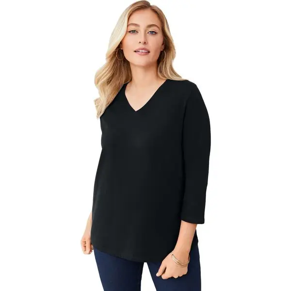 JESSICA LONDON Stretch Cotton V-neck Tee With Three-quarter Sleeves - Black
