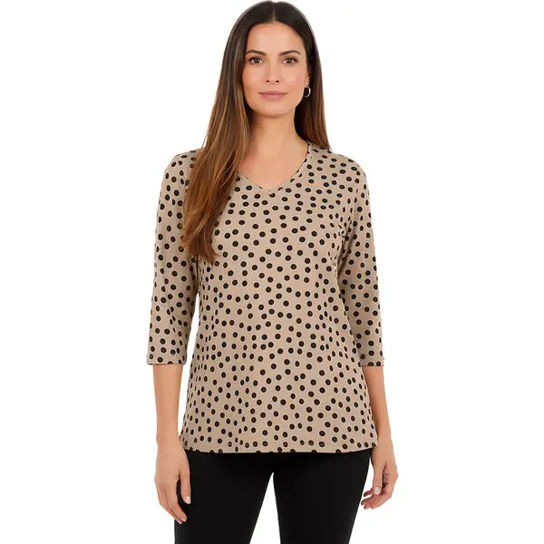 JESSICA LONDON Stretch Cotton V-neck Tee - New Khaki Black Dot
