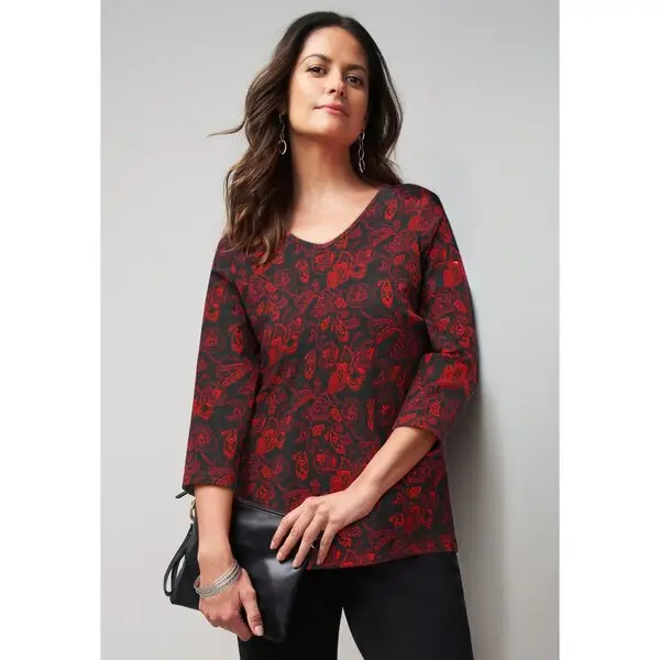 JESSICA LONDON Stretch Cotton V-neck Tee - Red Dancing Batik