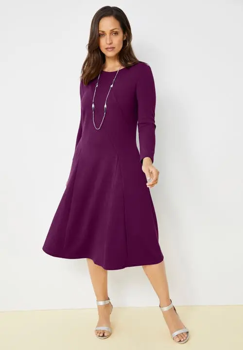JESSICA LONDON Long Sleeve Stretch Ponte Fit-and-flare Dress - Dark Berry