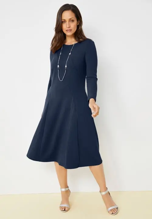 JESSICA LONDON Long Sleeve Stretch Ponte Fit-and-flare Dress - Navy