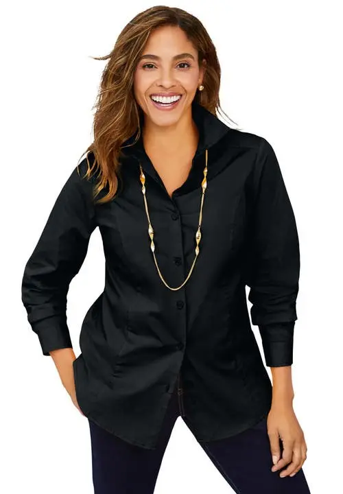 JESSICA LONDON Wrinkle-free Stretch Poplin Shirt - Black