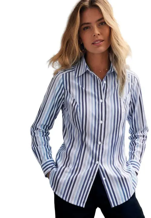 JESSICA LONDON Wrinkle-free Stretch Poplin Shirt - Blue Multi Stripe