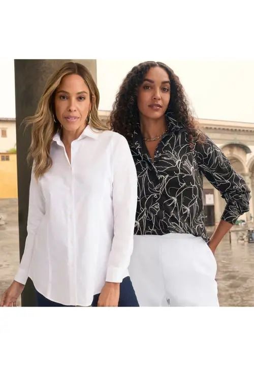 JESSICA LONDON Stretch Cotton Poplin Striped Button-down Shirt - White