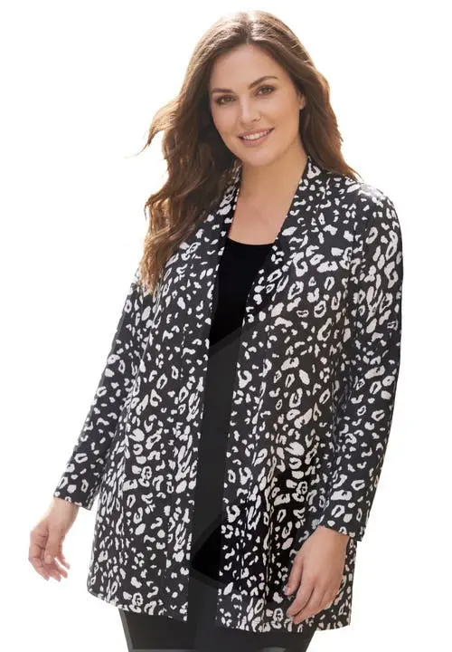 JESSICA LONDON Stretch Knit Open Front Topper - Black White Cheetah