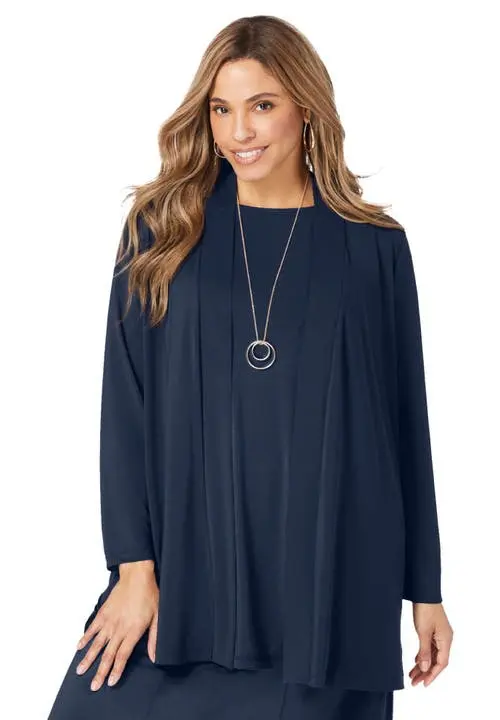 JESSICA LONDON Stretch Knit Open Front Topper - Navy