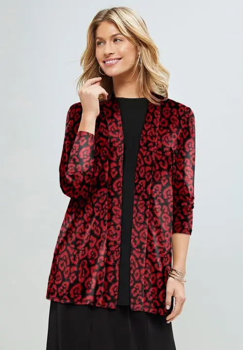 JESSICA LONDON Stretch Knit Open Front Topper - Red Abstract Cheetah