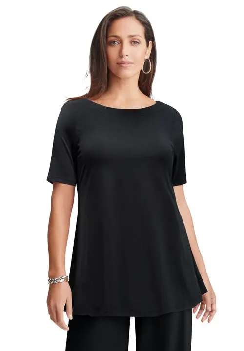 JESSICA LONDON Stretch Knit Boatneck Swing Tunic - Black