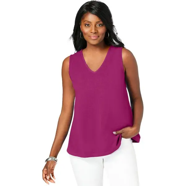 JESSICA LONDON Stretch Cotton V-neck Trapeze Tank - Raspberry