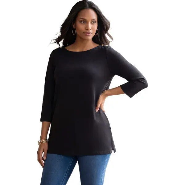 JESSICA LONDON Stretch Cotton Boatneck Tunic With Gold Tone Shoulder Buttons - Black