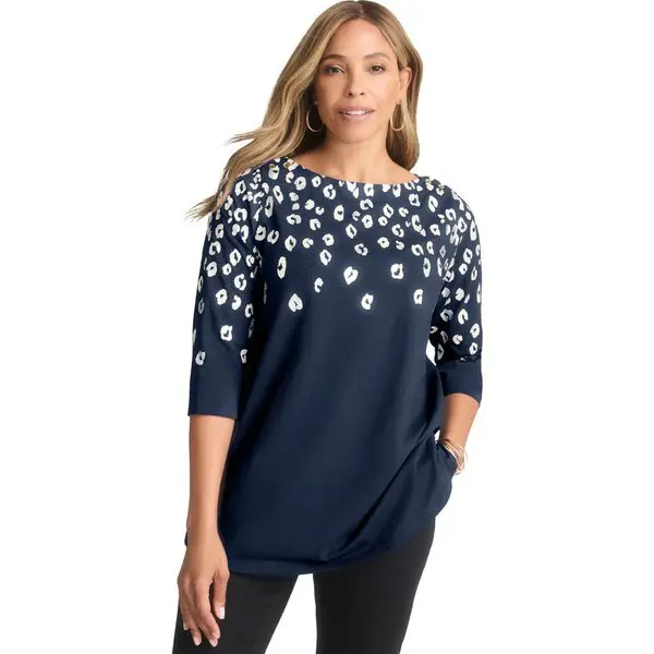 JESSICA LONDON Stretch Cotton Boatneck Tunic - Navy Animal