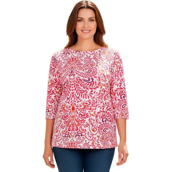JESSICA LONDON Stretch Cotton Boatneck Tunic - Pink Burst Painted Scroll