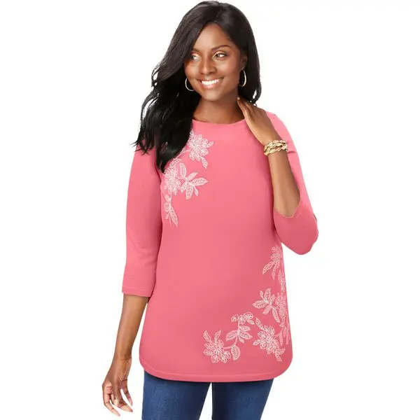 JESSICA LONDON Stretch Cotton Boatneck Tunic - Tea Rose Flower