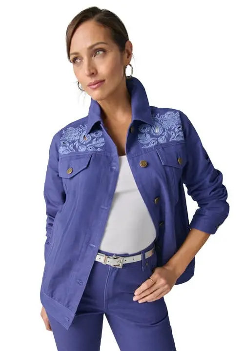JESSICA LONDON Classic Cotton Denim Jacket - Deep Dusk Embroidery