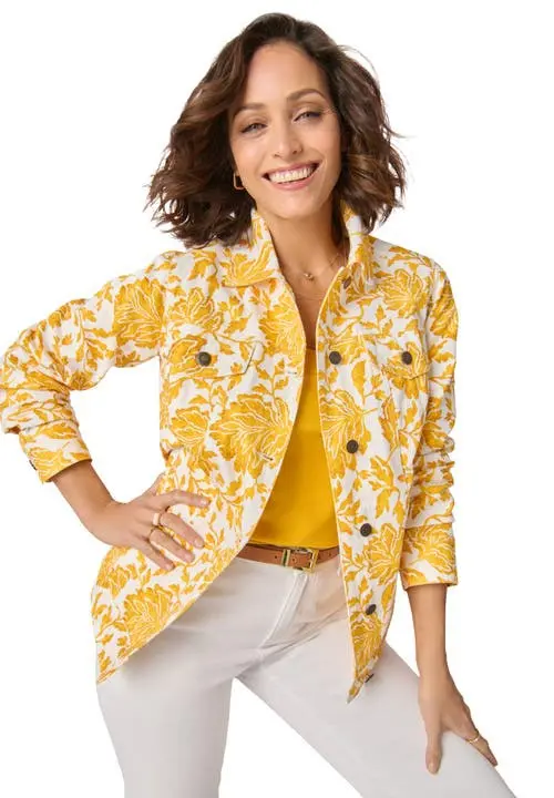 JESSICA LONDON Classic Cotton Denim Jacket - Golden Floral Tapestry