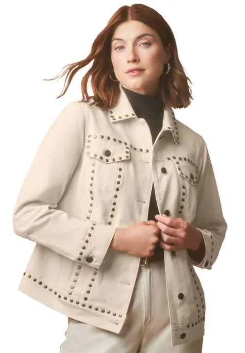 JESSICA LONDON Classic Cotton Denim Jacket - Oatmeal Studs