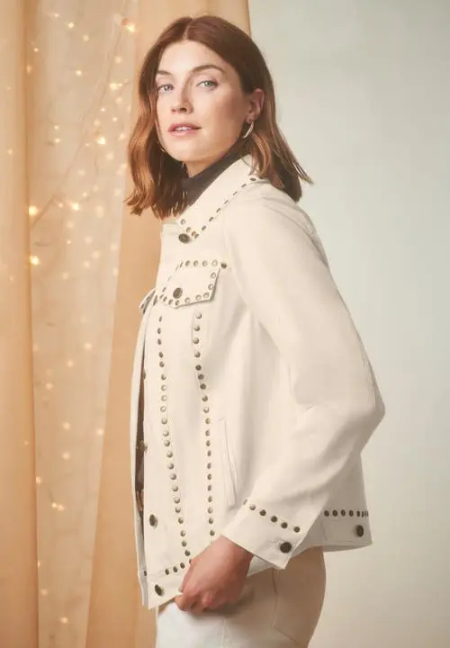 JESSICA LONDON Classic Cotton Denim Jacket - Oatmeal Studs