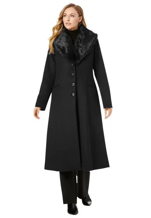 JESSICA LONDON Long Wool Blend Coat With Detachable Faux Fur Shawl Collar - Black