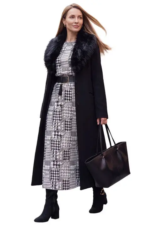 JESSICA LONDON Long Wool Blend Coat With Detachable Faux Fur Shawl Collar - Black