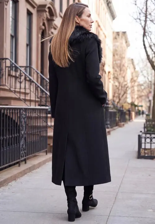 JESSICA LONDON Long Wool Blend Coat With Faux Fur Collar - Black