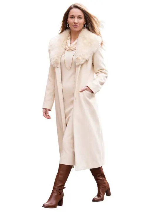 JESSICA LONDON Long Wool Blend Coat With Detachable Faux Fur Shawl Collar - Ivory