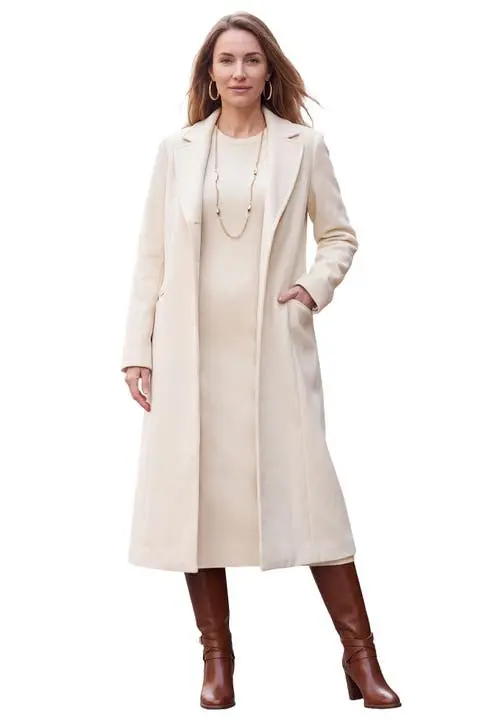 JESSICA LONDON Long Wool Blend Coat With Faux Fur Collar - Ivory