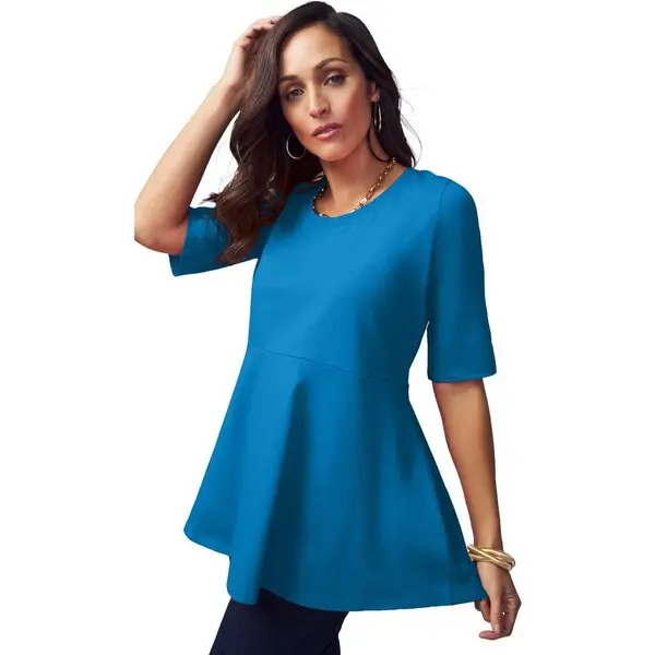 JESSICA LONDON Stretch Cotton Peplum Tunic - Pool Blue