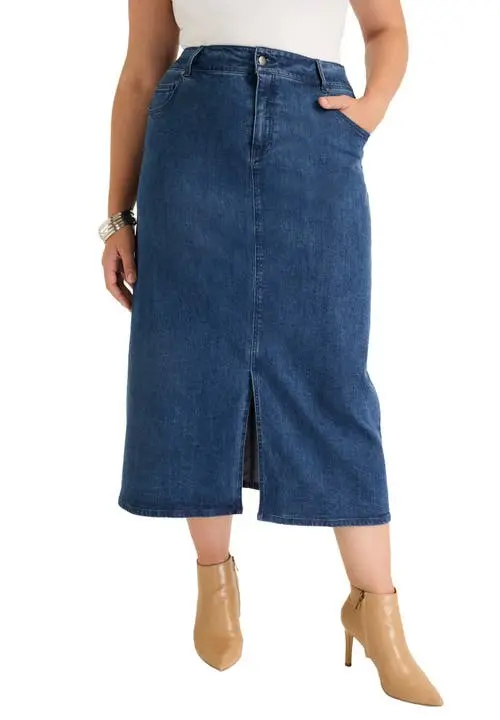 JUNE + VIE Front Slit Stretch Denim Midi Skirt