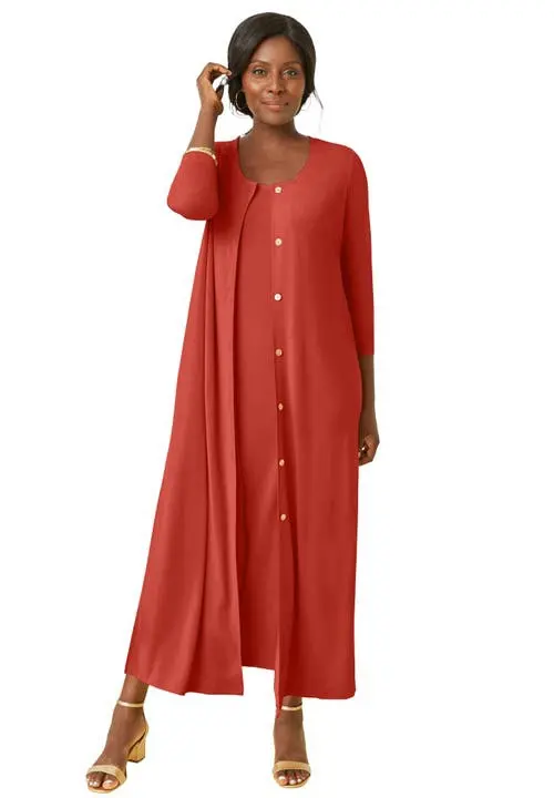 JESSICA LONDON Stretch Knit Duster Set - Burnt Red
