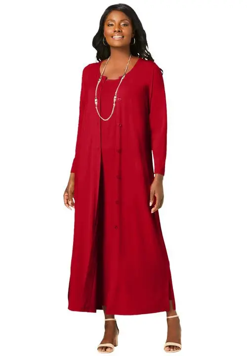 JESSICA LONDON Stretch Knit Duster Set - Classic Red